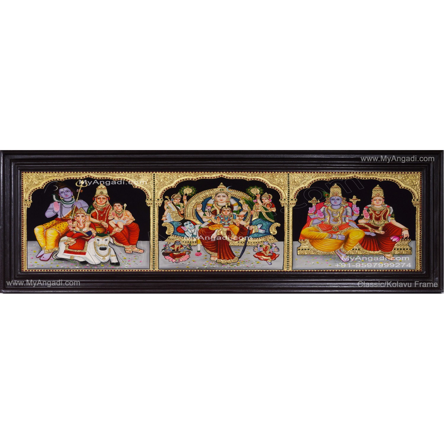 Panel Sivan Family, Raja Rajeshwari, Vishnu Lakshmi Tanjore Painting