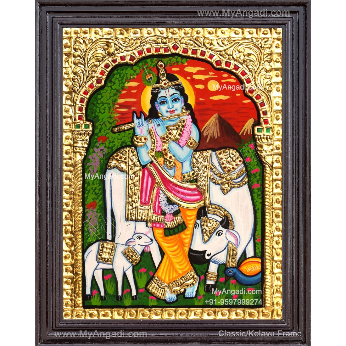 Krishna With Cow Calf Tanjore Paintings
