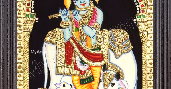 Krishna With Cow Calf and Flute Tanjore Paintings