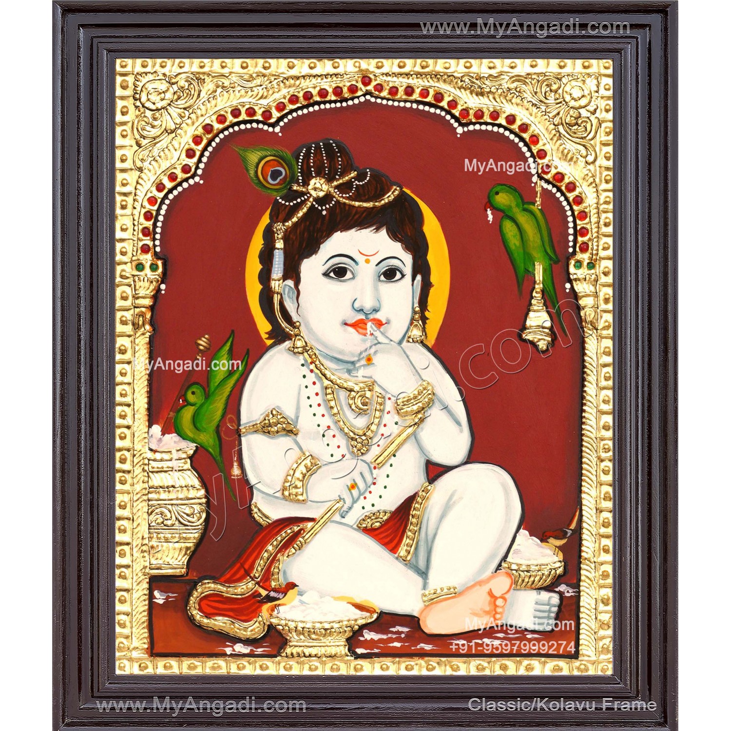 Butter Krishna with Parrot Tanjore Painting