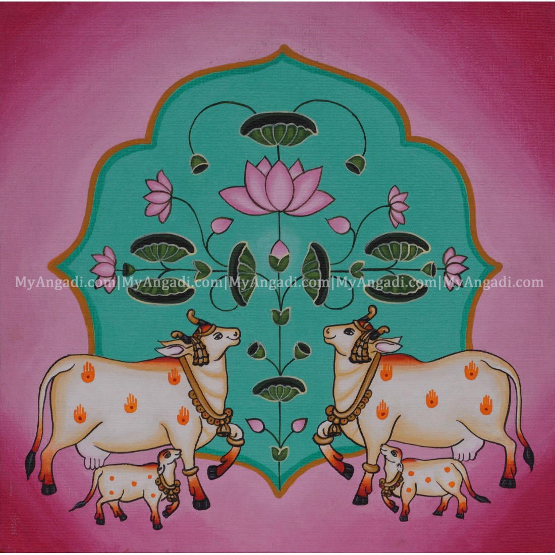 Cow Calf Lotus Canvas Painting