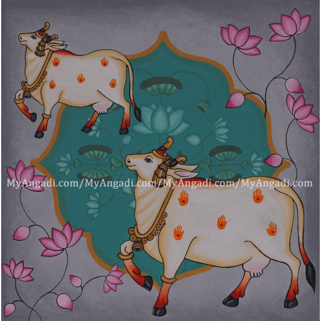 Pichwai Cow Lotus Canvas Painting
