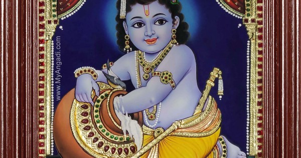 Butter Pot Krishna Tanjore Painting, Butter Pot Krishna Tanjore ...