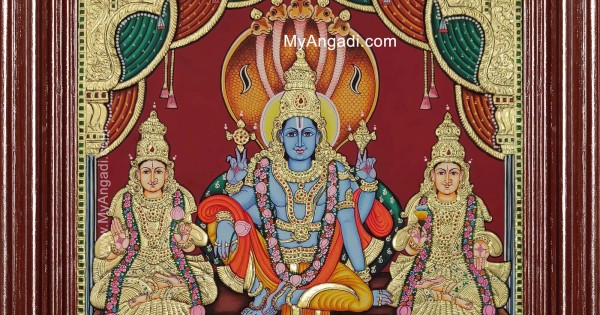 Vishnu Perumal Shri Devi Bhoo Devi Tanjore Painting, Vishnu Perumal ...