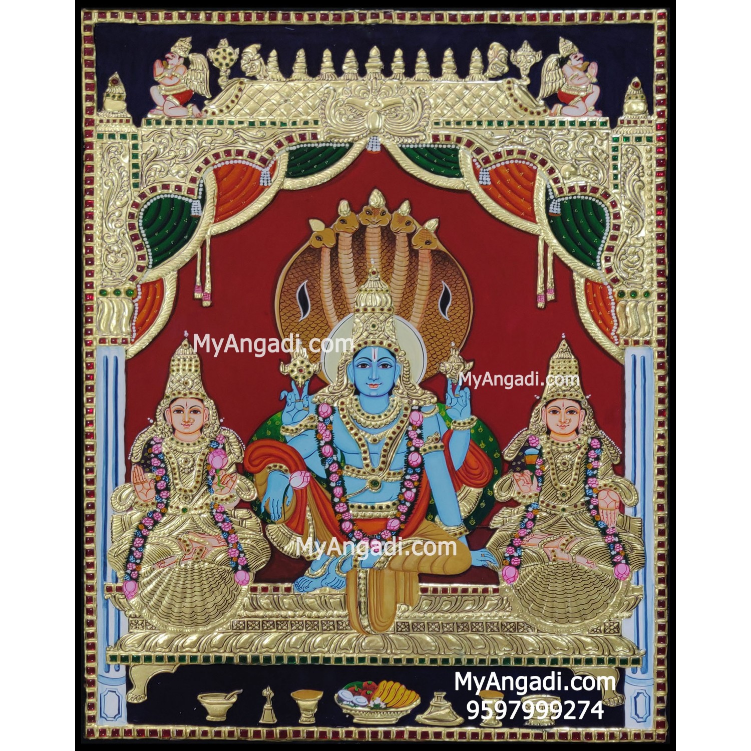 Ranganathar with Sri Devi and Bhu Devi Tanjore Painting