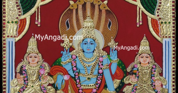 Ranganathar with Sri Devi and Bhu Devi Tanjore Painting