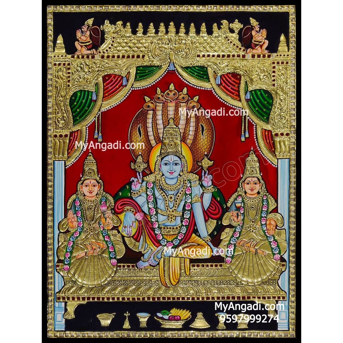 Ranganathar with Sri Devi and Bhu Devi Tanjore Painting