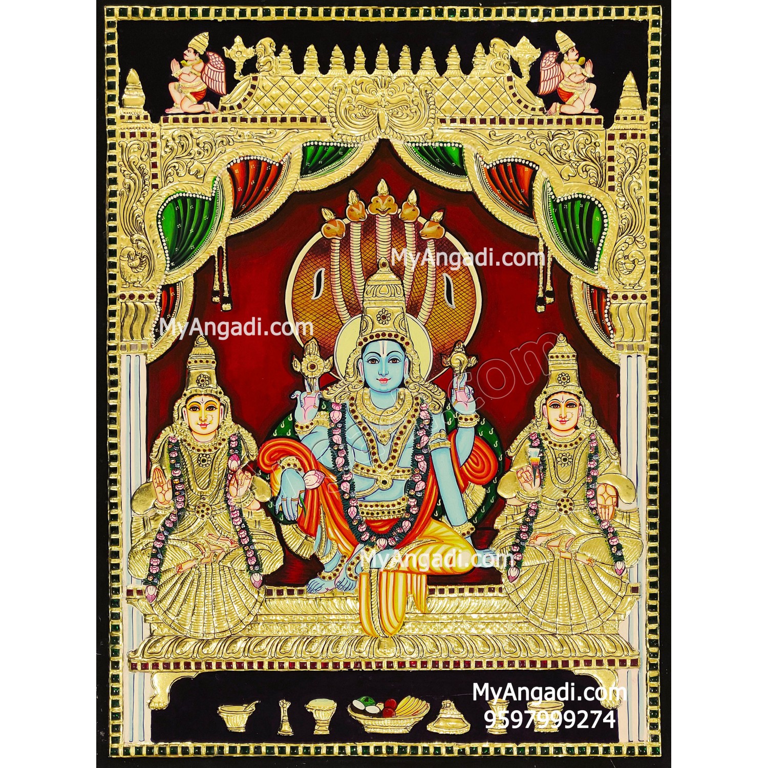 Ranganathar with Sri Devi and Bhu Devi Tanjore Painting
