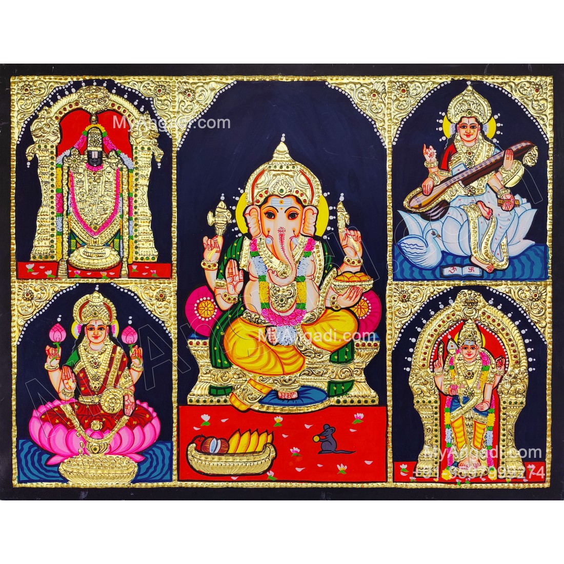 5 God Balaji Lakshmi Murugan Ganesha Saraswathi Tanjore Painting ...