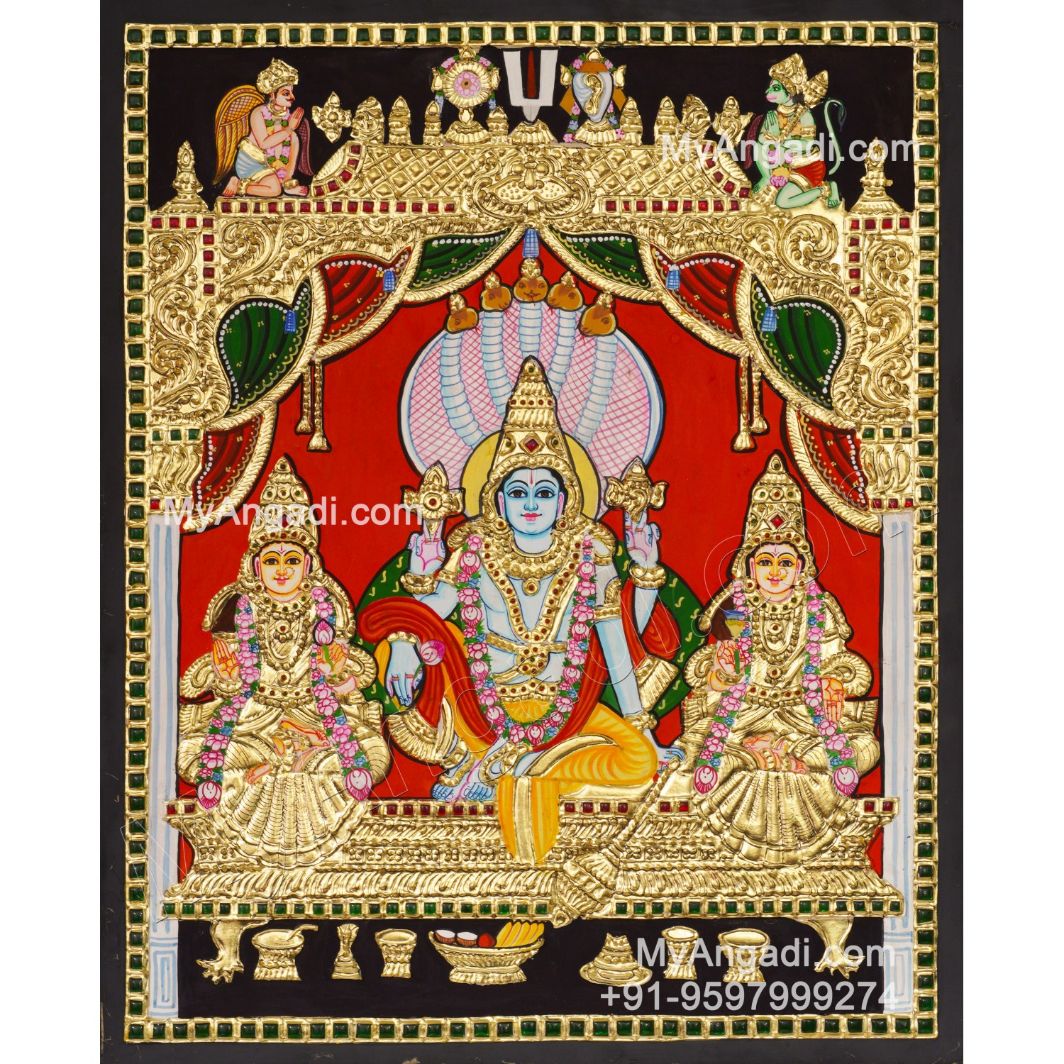 Ranganathar with Sri Devi and Bhu Devi Tanjore Painting