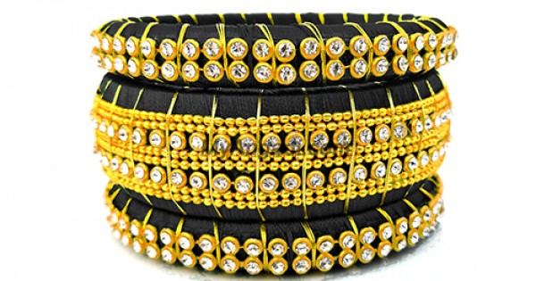 Black colour Silk Thread Bangles with Gold Jari