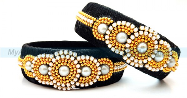 Black colour Silk Thread Bangles with Pearl