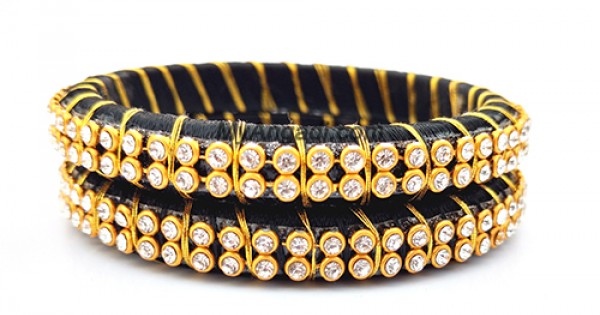 Black colour Silk Thread Bangles with Gold Jari