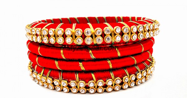 Red Colour Silk Thread Bangles with Gold Jari