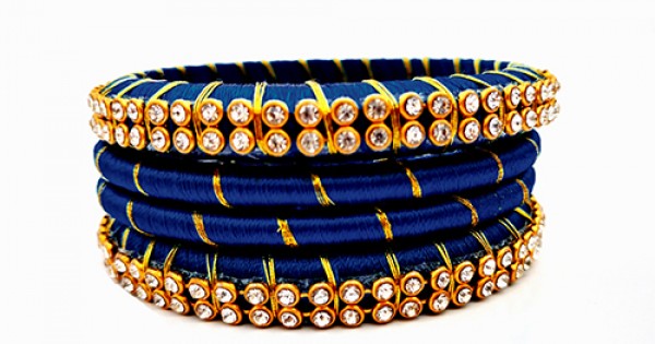Dark Blue Colour Silk Thread Bangles with Gold Jari