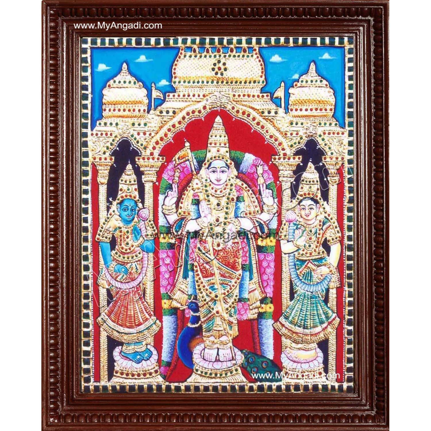 Murugan with Valli and Devasena Tanjore Painting