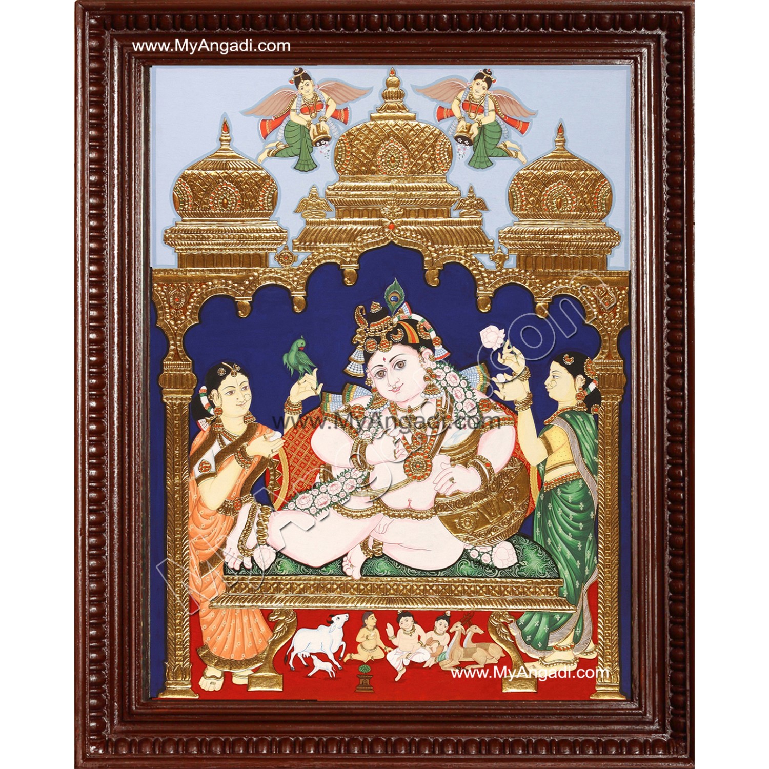 Krishna with Bama and Rukmani Tanjore Painting