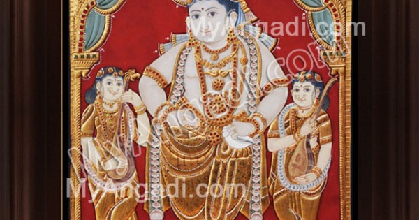 Antique Krishna Bama Rukmani Tanjore Painting, Krishnar Bama Rukmani ...