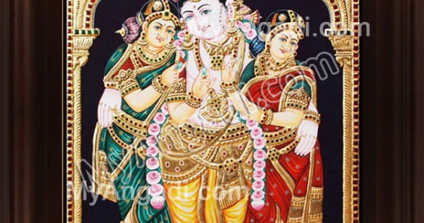 Krishna Bama Rukmani Tanjore Painting, Krishna Tanjore Painting