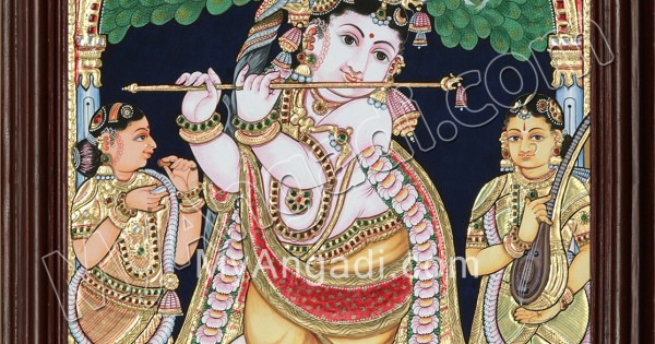 Krishna with Bama and Rukmani Tanjore Painting
