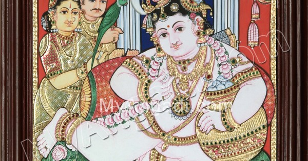 Krishna with Nanda Maharaja and Yasotha Tanjore Painting