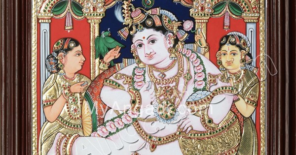 Krishna with Bama and Rukmani Tanjore Painting