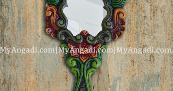 Vagai Wood Decorative Elephant Wall Decor Mirror/Hand Mirror - MyAngadi.com