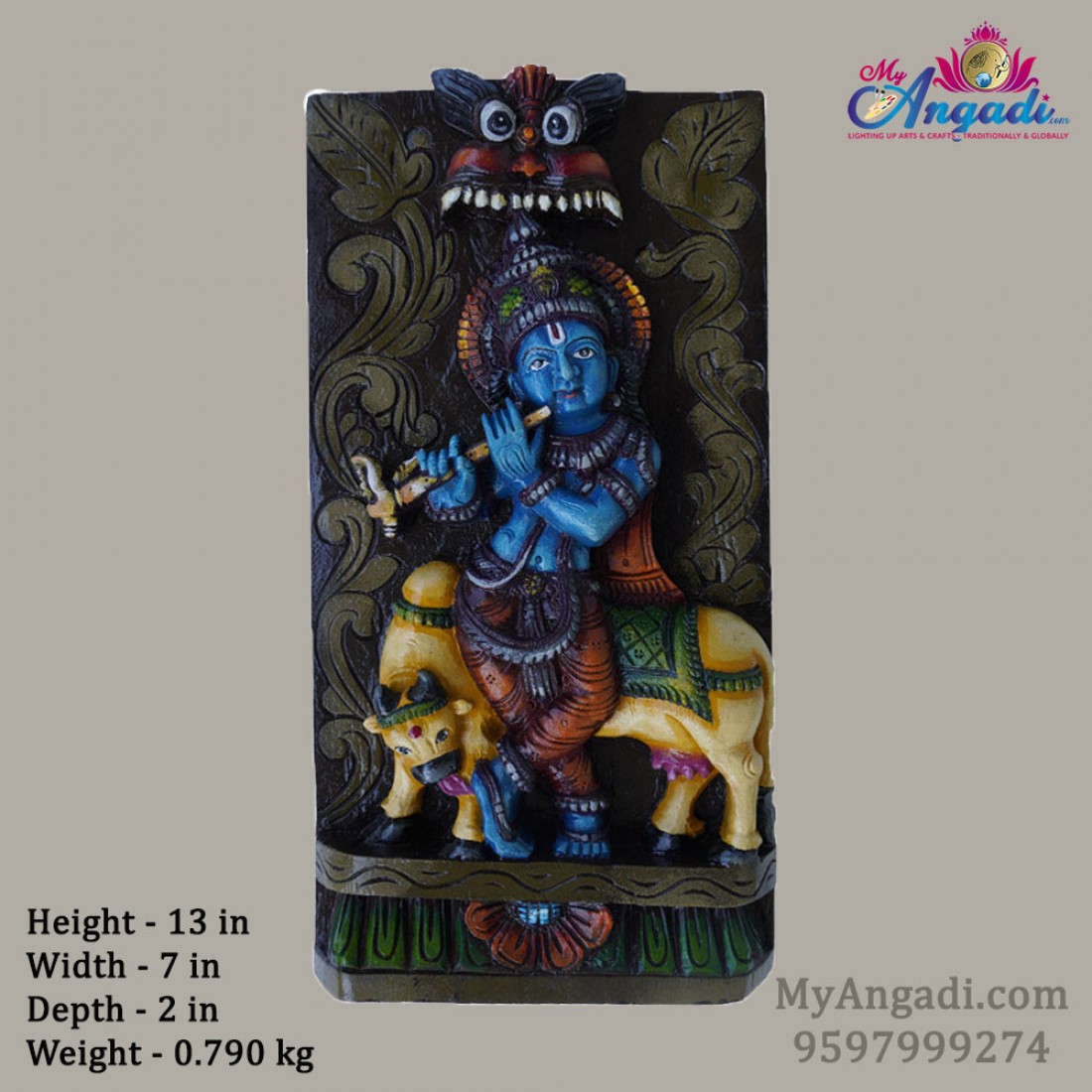 Vagai Wood Krishna Wall Panel - MyAngadi.com