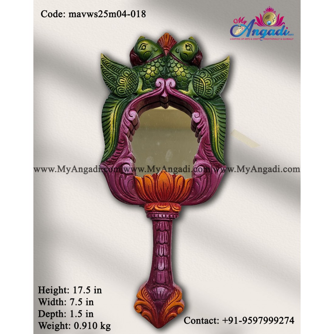 Vagai Wood Decorative Parrot Wall Decor Mirror/Hand Mirror - MyAngadi.com