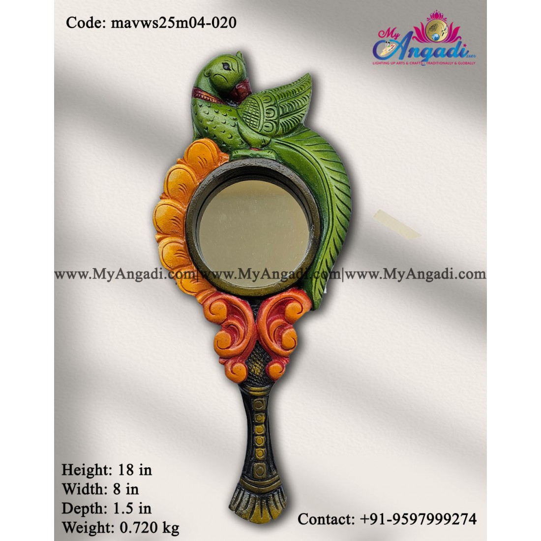 Vagai Wood Decorative Parrot Wall Decor Mirror/Hand Mirror - MyAngadi.com